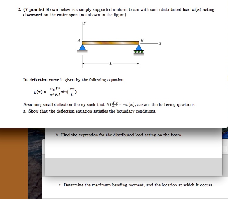 2. (7 points) Shown below is a simply supported uniform beam with some distributed load w(x ...