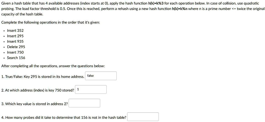 SOLVED: Given a hash table that has 4 available addresses (index starts ...
