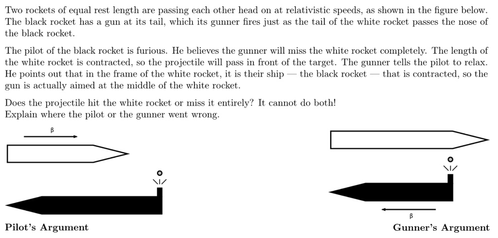 SOLVED: Two rockets of equal rest length are passing each other head on ...