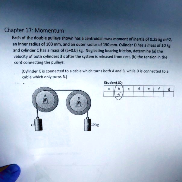 SOLVED: Chapter 17: Momentum Each of the double pulleys shown has a ...