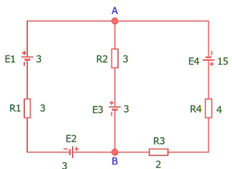 E1 + - 3 R2 3 E4 15 R1 3 E3 + - 3 E2 + - 3 R3 2 R4 4 A B