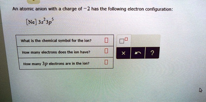 SOLVED: An atomic anion with a charge of + 2 has the following electron ...