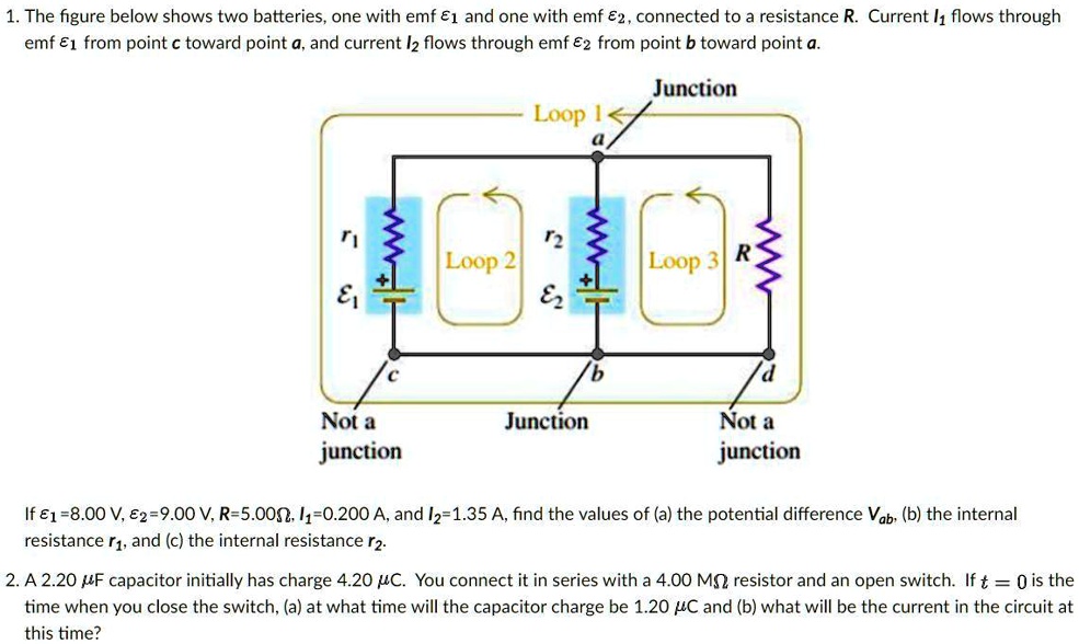 SOLVED: 1. The figure below shows two batteries, one with emf €1 and one with emf €2_ connected ...