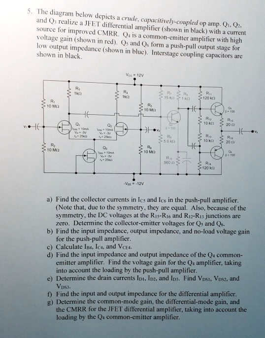 5. The diagram below depicts a crude, capacitively-coupled op amp. Q1, Q2, and Q3 realize a JFET ...