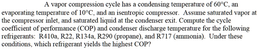 SOLVED: A vapor compression cycle has a condensing temperature of 60Â°C ...