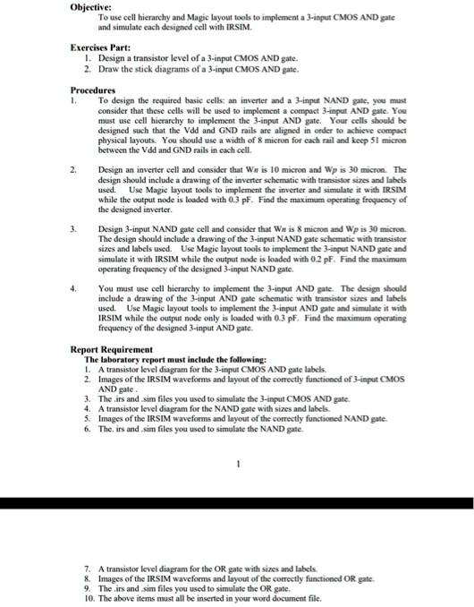 objective to use cell hierarchy and magic layout tools to implement a 3 input cmos and gate and ...