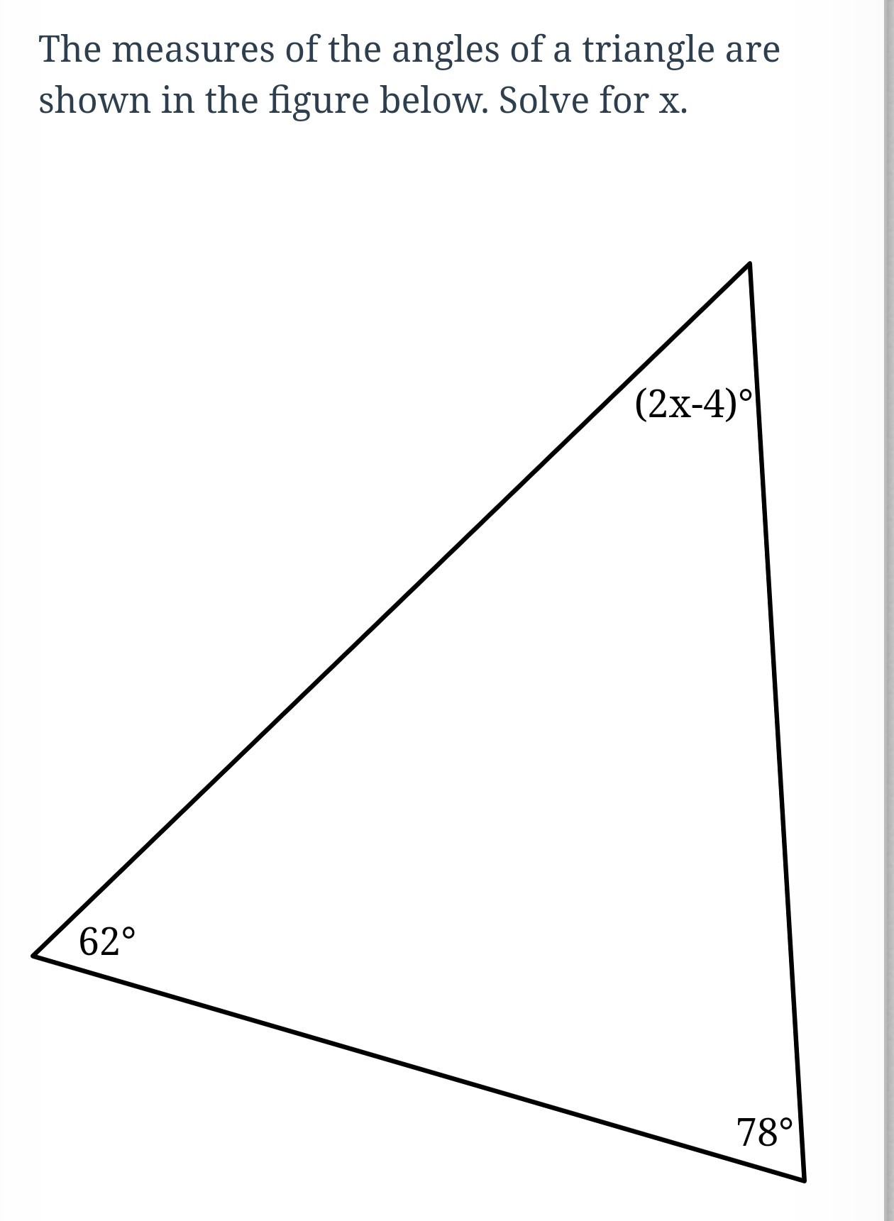 SOLVED: The measures of the angles of a triangle are shown in the figure below. Solve for x.