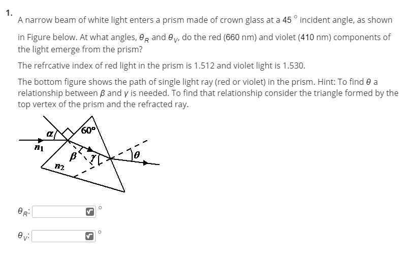 a narrow beam of white light enters prism made of crown glass at a 45 incident angle as shown ...