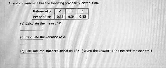 SOLVED: A random variable X has the following probability distribution. Values of X Probability ...