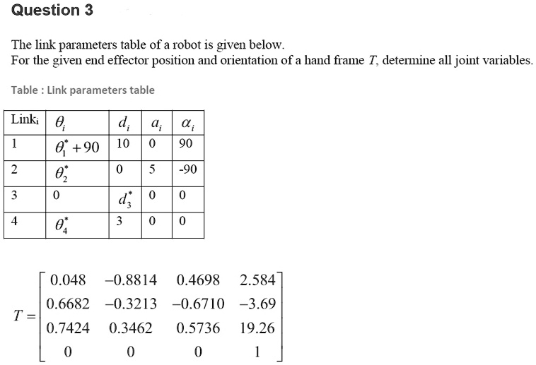 SOLVED: The link parameters table of a robot is given below. For the given end effector position ...