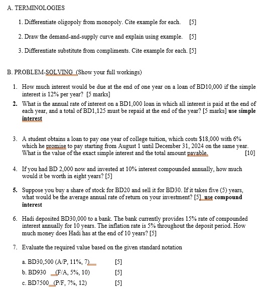 A. TERMINOLOGIES 1. Differentiate oligopoly from monopoly. Cite example ...