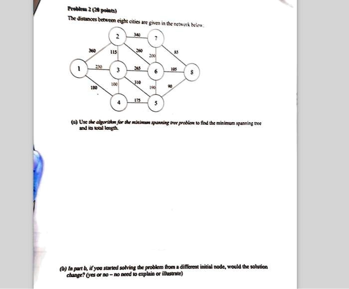 Problem 2 (20 points) The distances between eight cities are given in the network below. 2 340 7 ...