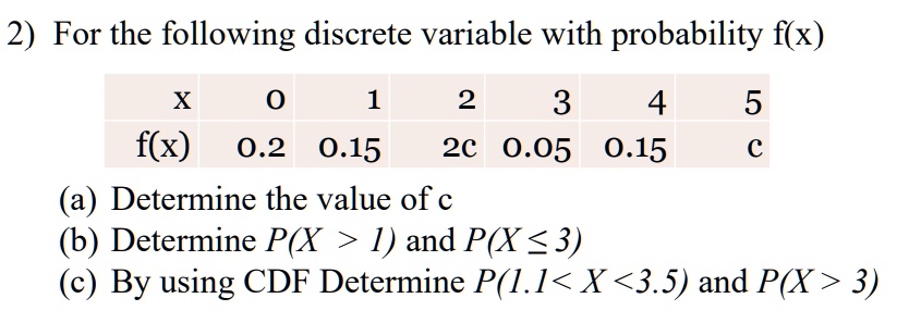 SOLVED: 2) For the following discrete variable with probability f(x) 2 ...