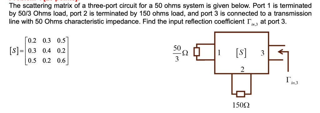 The scattering matrix of a three-port circuit for a 50 ohms system is given below. Port 1 is ...
