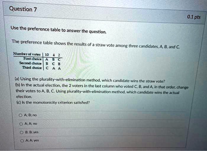 SOLVED: Question 7 0.1pts Use the preference table to answer the ...