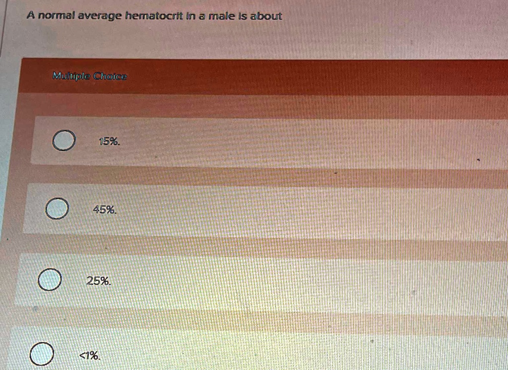 A normal average hematocrit in a male is about Multiple Choice 15%. 45% ...