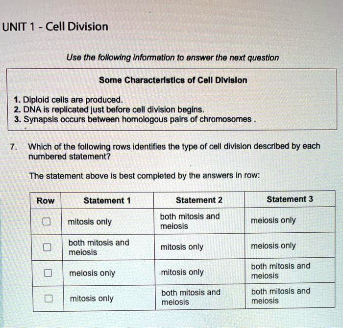 unit 1 cell division use the following infomation to answer the next ...