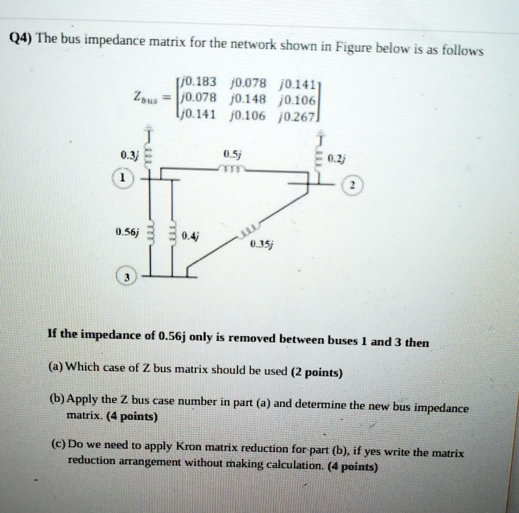 the bus impedance matrix for the network shown in figure below is as follows if the impedance of ...