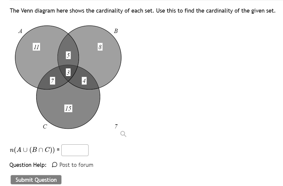 SOLVED: The Venn diagram here shows the cardinality of each set: Use this to find the ...