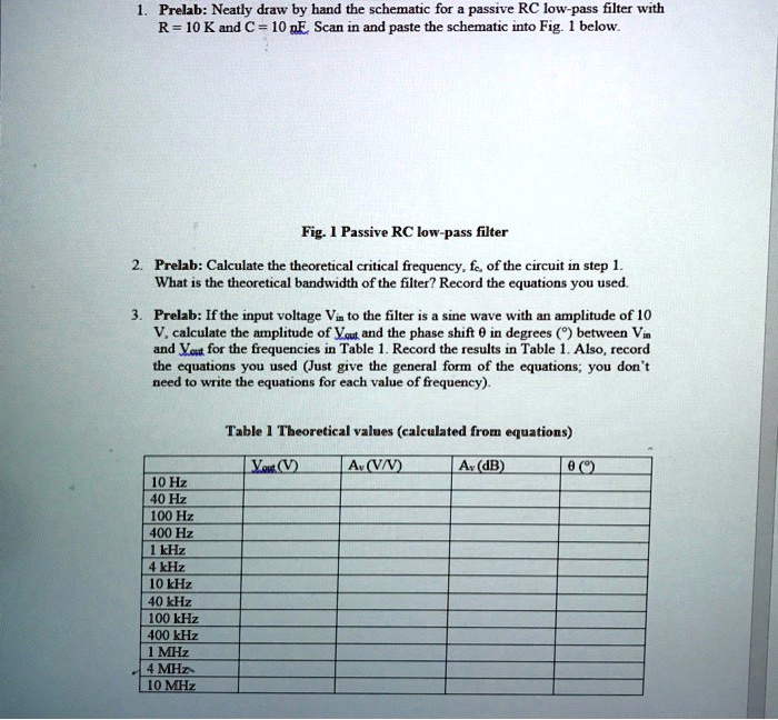 SOLVED: Prelab: Neatly draw by hand the schematic for a passive RC low-pass filter with R = 10 K ...