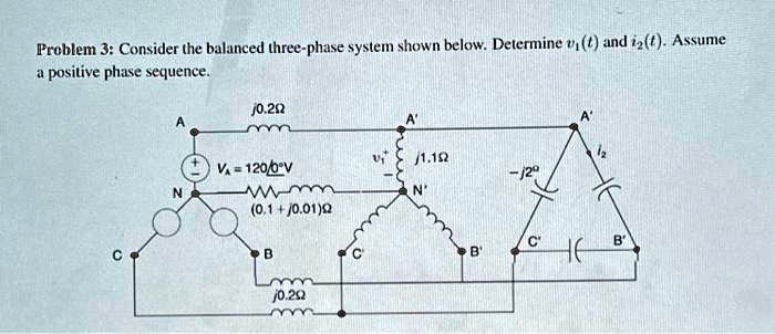 Problem 3: Consider the balanced three-phase system shown below. Determine v1(t) and i2(t ...