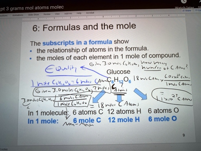 pt 3 grams mol atoms molec 6 formulas and the mole the subscripts in a ...