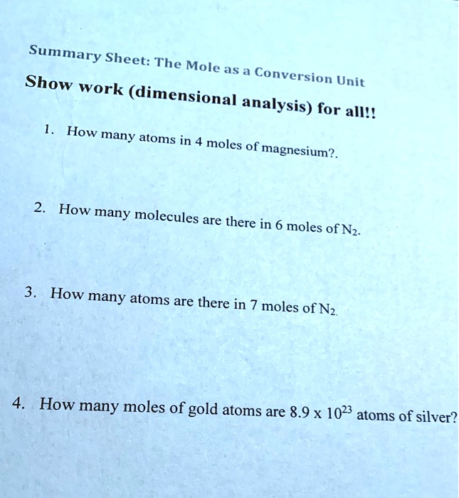 SOLVED:Summary Sheet: The Mole as a Show Conversion Unit work ...