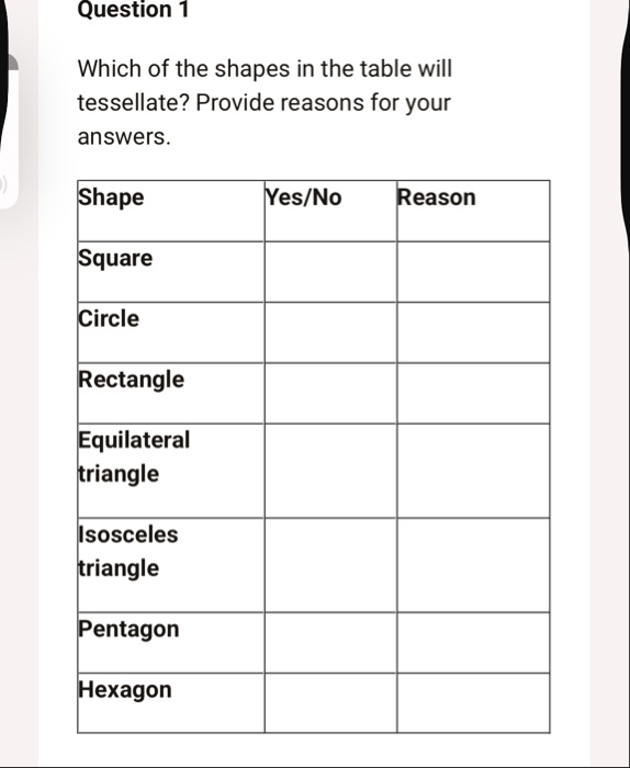 question 1 which of the shapes in the table will tessellate provide ...