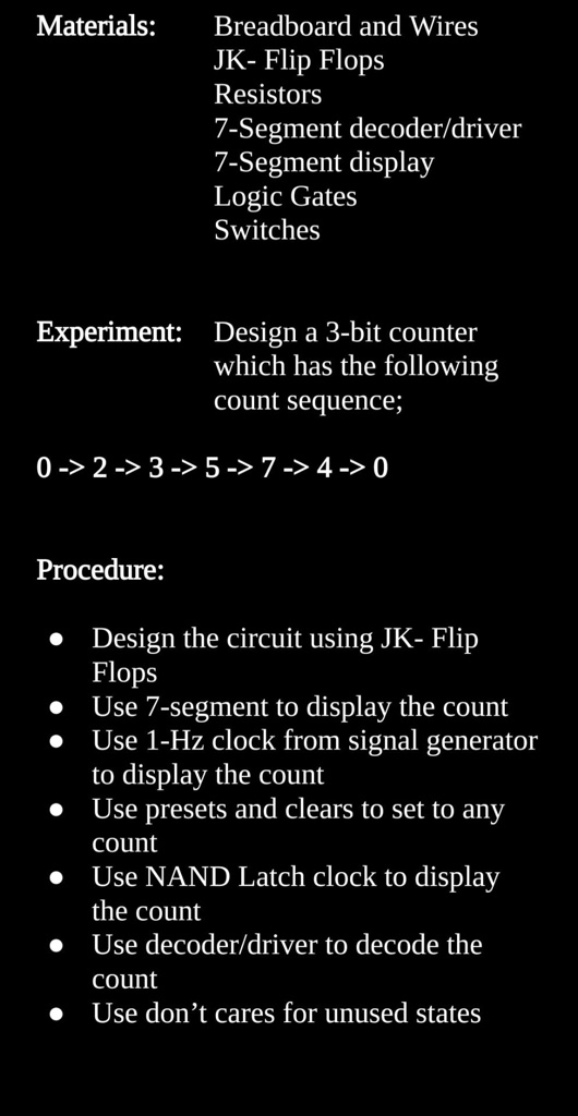 SOLVED: Text: Materials: Breadboard and Wires JK-Flip Flops Resistors 7-Segment decoder/driver 7 ...