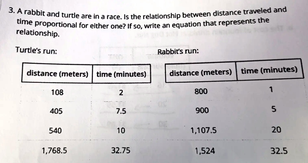 SOLVED: A rabbit and turtle are in a race: Is the relationship between distance traveled and ...
