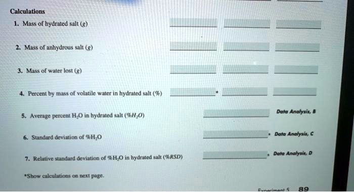 calculations mass of hydrated salt mass of anhydrous lt mass of water ...