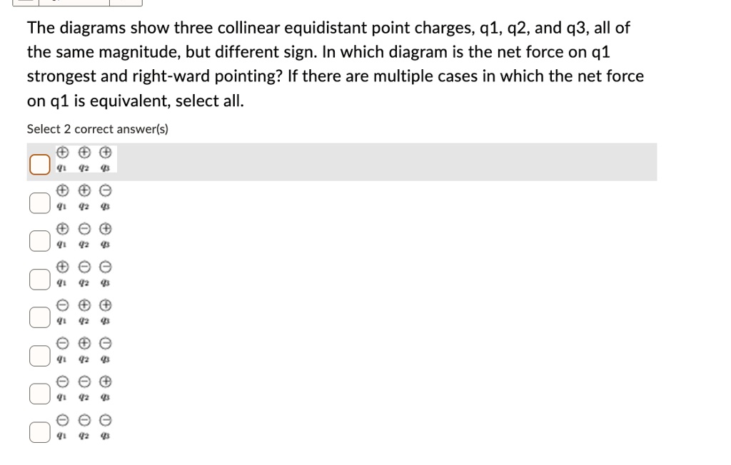 the diagrams show three collinear equidistant point charges q1 q2 and q3 all of the same ...