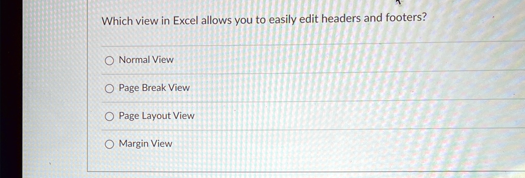 Which view in Excel allows you to easily edit headers and footers? - Normal View - Page Break ...