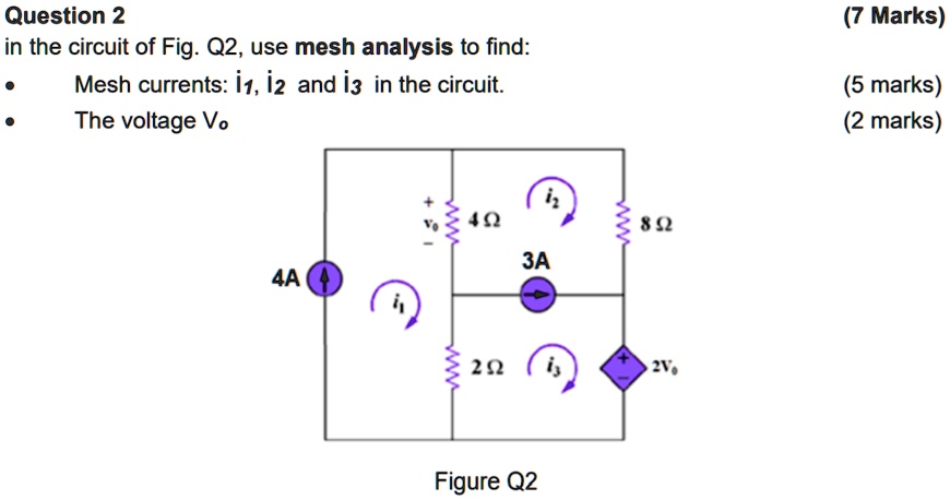 Question 2 in the circuit of Fig. Q2, use mesh analysis to find: Mesh currents: i1, i2 and i3 in ...