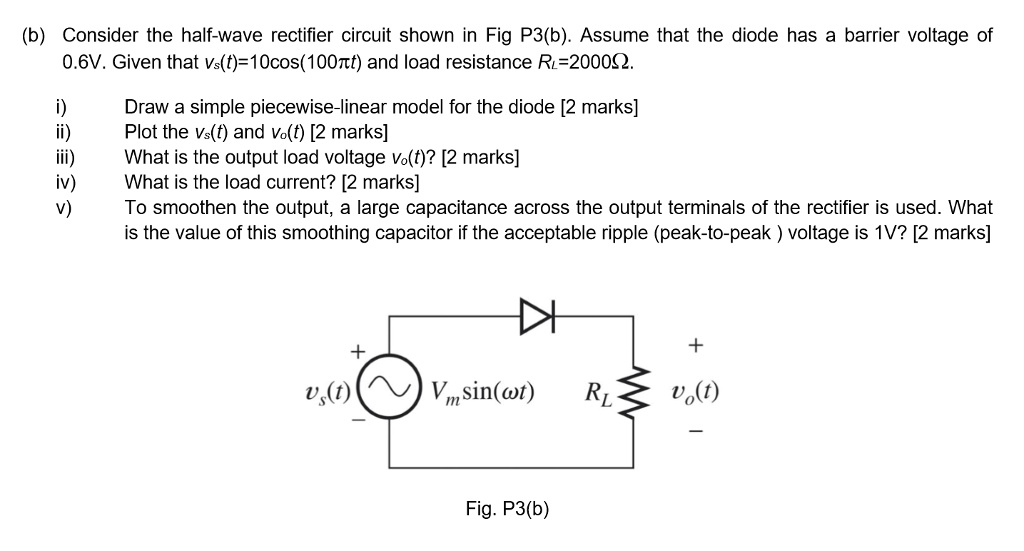 0.6V. Given that vs(t) = 10cos(100t) and load resistance R = 2000: i) Draw a simple piecewise ...