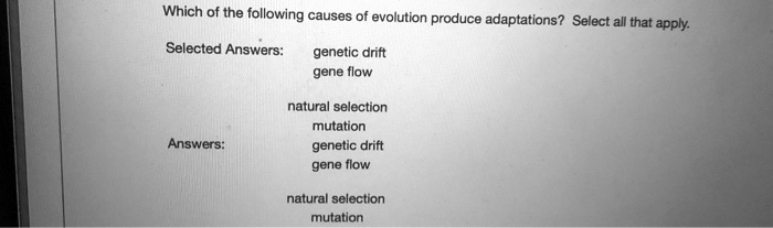 SOLVED: Which of the following causes of evolution produce adaptations? Select all that apply ...