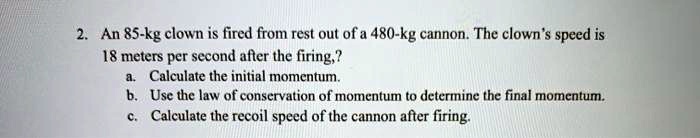 An 85-kg clown is fired from rest out ofa 480-kg cannon. The clown ...