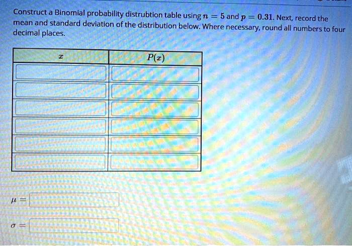 SOLVED: Construct a Binomial probability distrubtion table using n = 5 ... SOLVED: Construct a Binomial probability distrubtion table using n = 5 ...