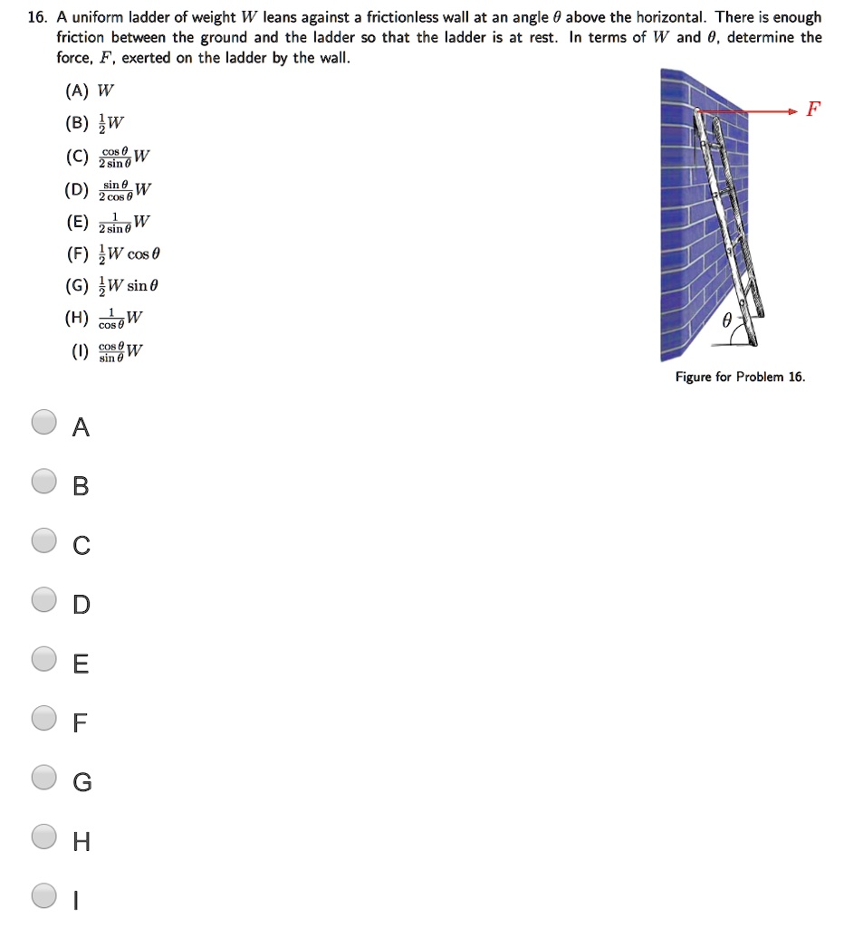 SOLVED:16. A uniform ladder of weight W leans against frictionless wall ...