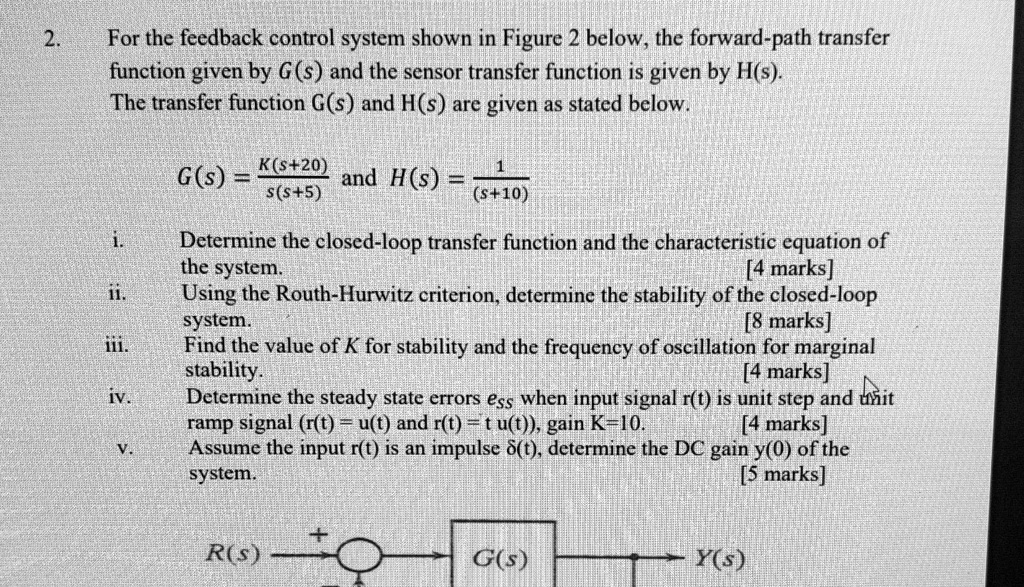 SOLVED: For the feedback control system shown in Figure 2 below, the ...
