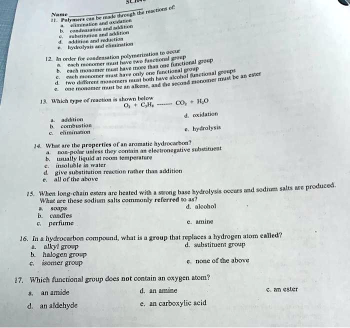 Name elimination and oxidation b. condensation and addition e ...