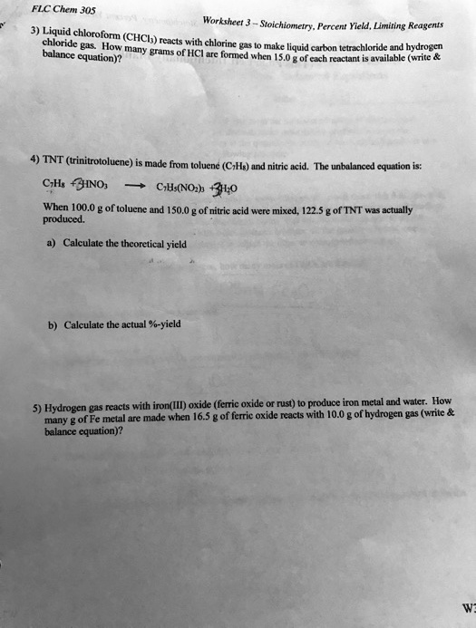 FLC Chem 305 Worksheet 3-Stoichiometry, Percent Yield, Limiting ...
