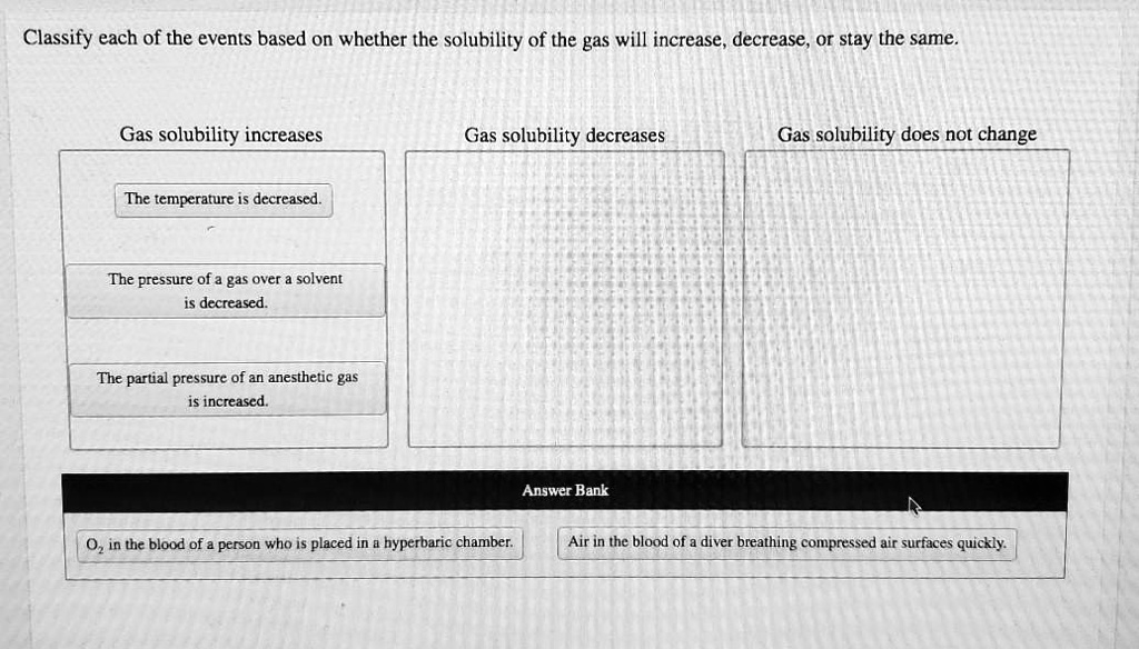 classify each of the events based on whether the solubility of the gas ...