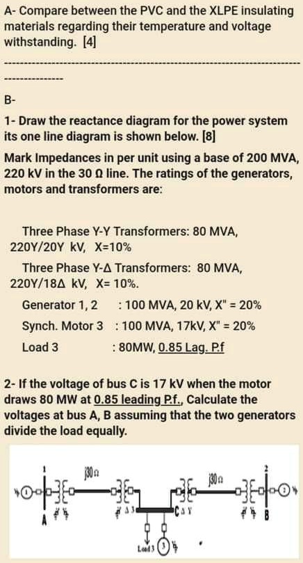 A- Compare between the PVC and the XLPE insulating materials regarding their temperature and ...