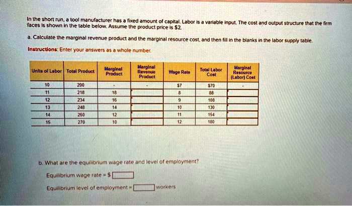 SOLVED: In the short run, a tool manufacturer has a fixed amount of capital and variable input ...