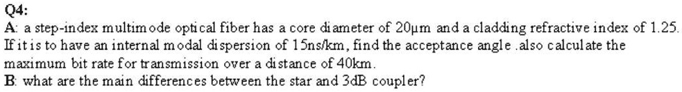 Q4: A: a step-index multimode optical fiber has a core diameter of 20µm ...