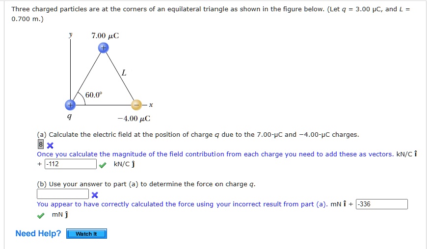 SOLVED: Three charged particles are at the corners of an equilateral triangle as shown in the ...