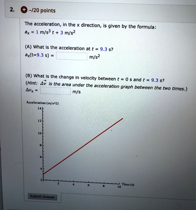 SOLVED: 0)-/20 points The acceleration in the x direction, is given by ...