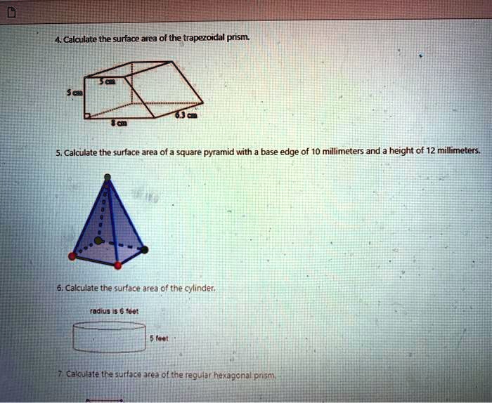 SOLVED: Calculate the surface area of the trapezoidal prism. Calculate ...