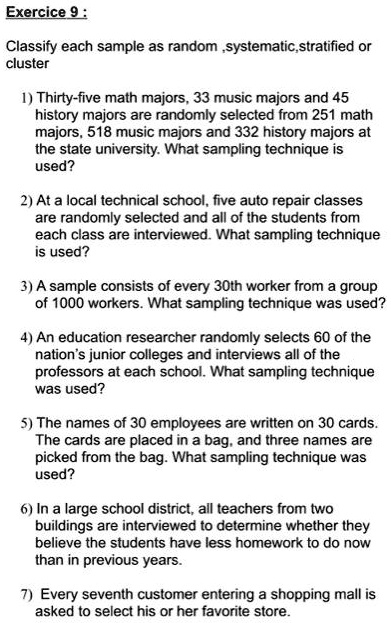exercice 9 classify each sample as random systematic stratified or cluster 1 thirty five math ...